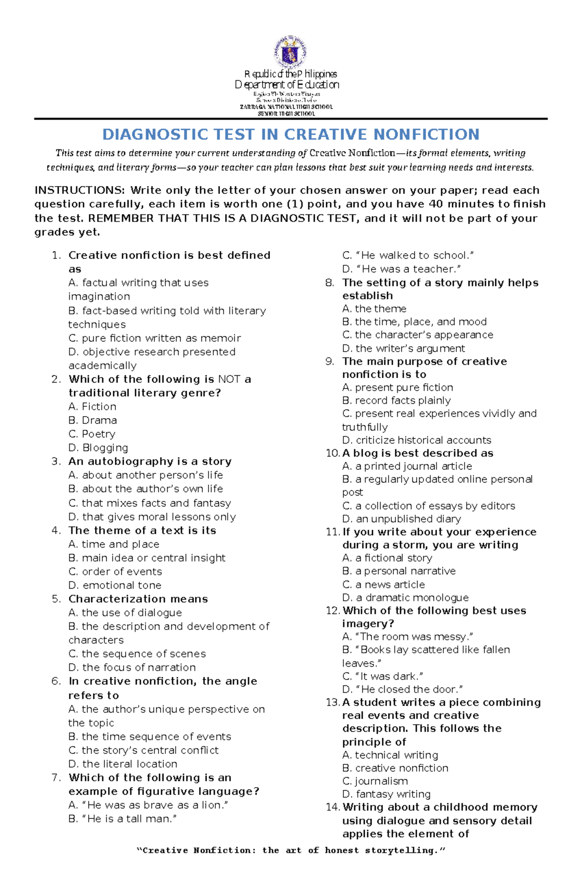 SY Creative Nonfiction Diagnostic Test - First Quarter Exam - Studocu