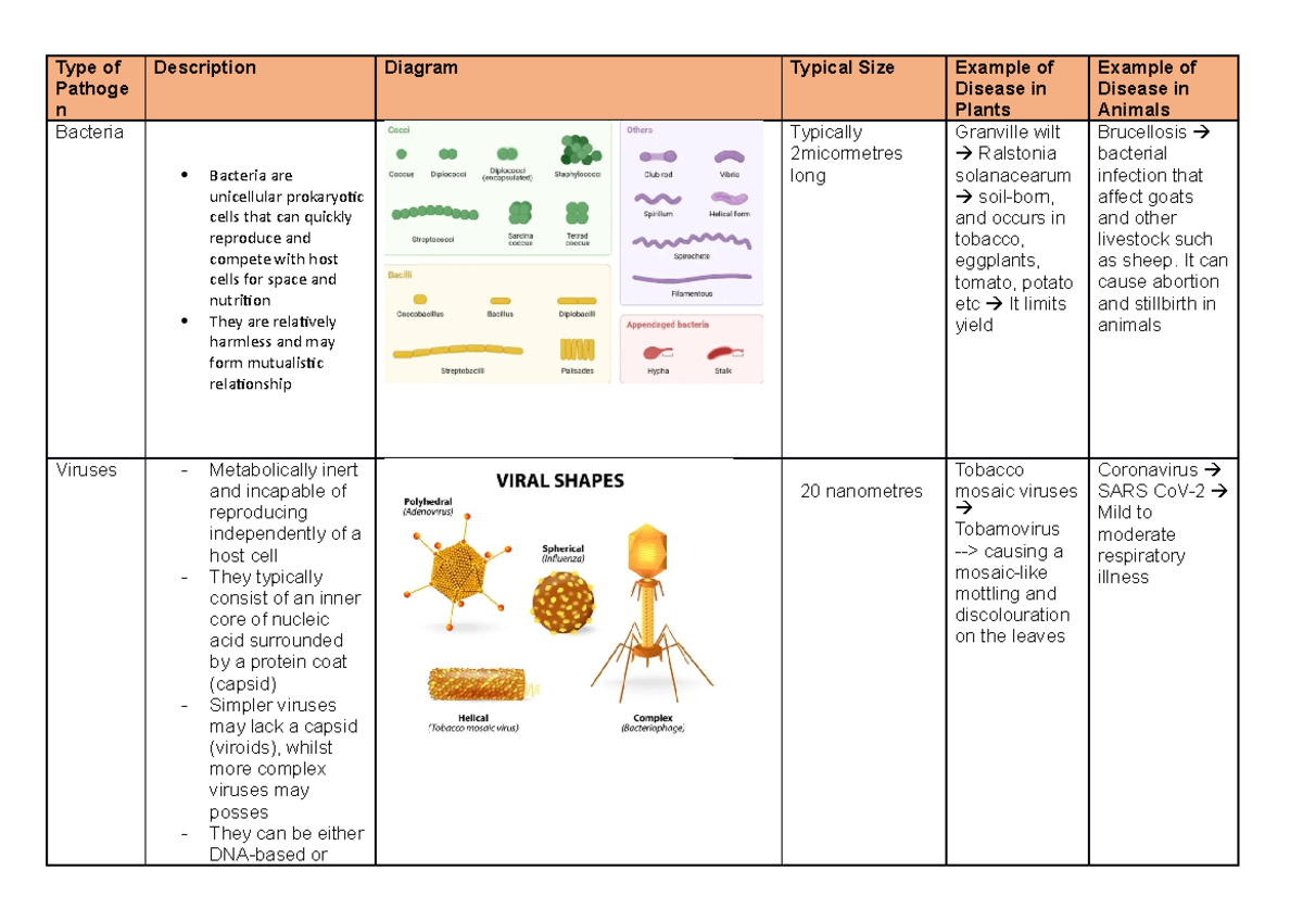 Types of Pathogens: Summary Table for Biology Study Guide - Studocu