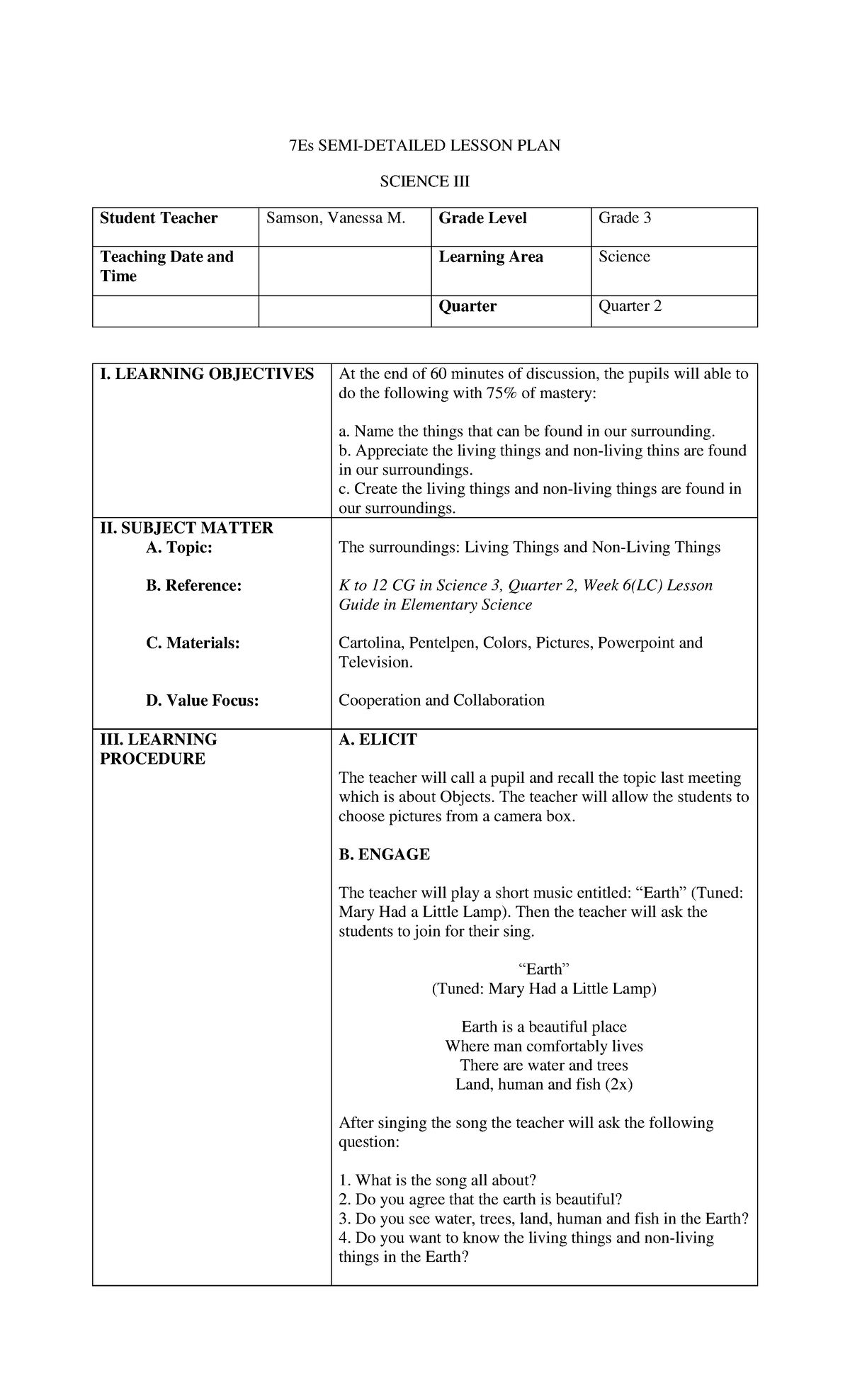 7Es Semi-Detailed Lesson Plan: Living & Non-Living Things - Sci III ...