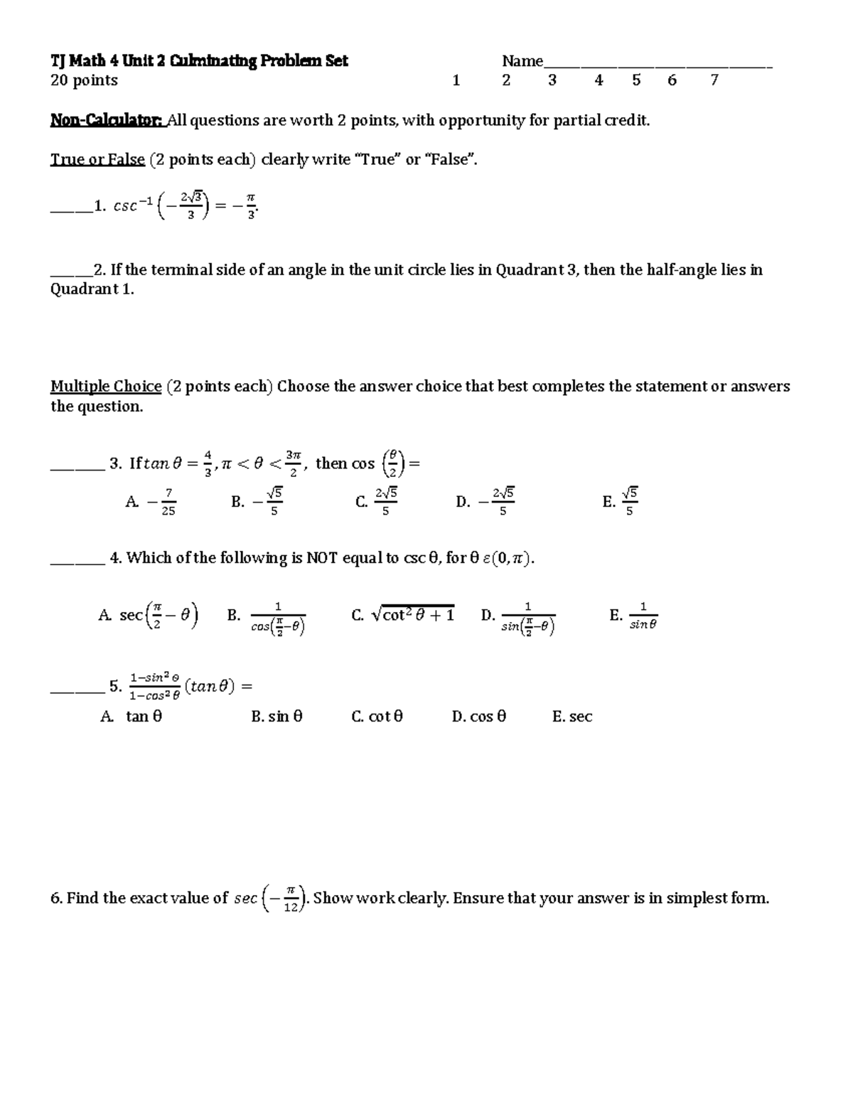 Trigonometry Practice Test with Explained Answers - TJ Math 4 Unit 2 ...