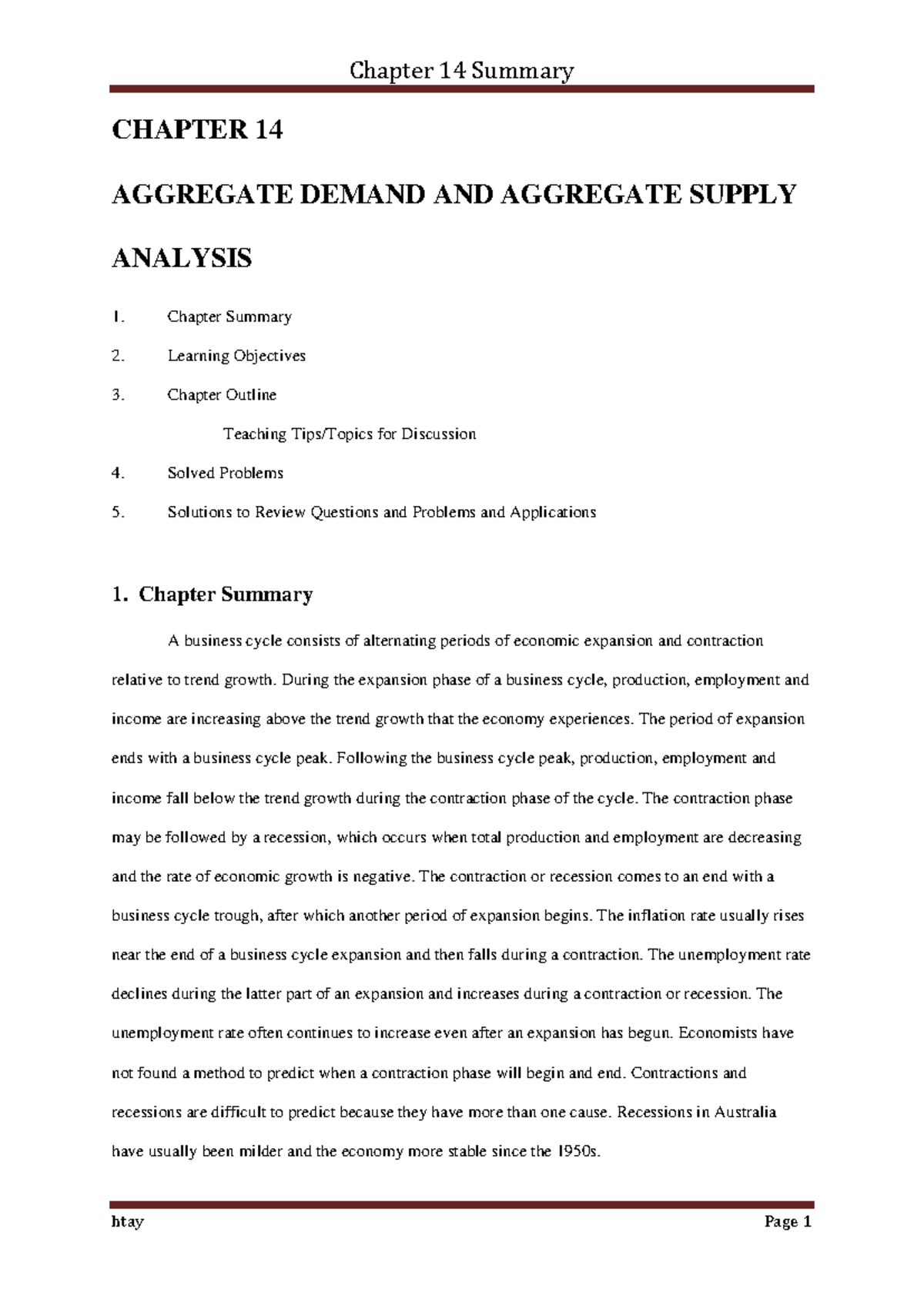 Chapter 14 Aggregate demand and Aggregate supply Chapter Summary ...