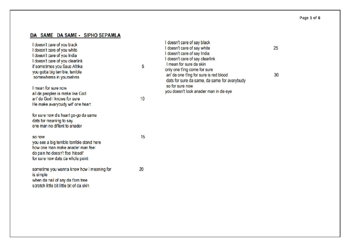 Poetry Analysis: Grade 11 Analysis of "Da Same Da Same" by Sipho ...
