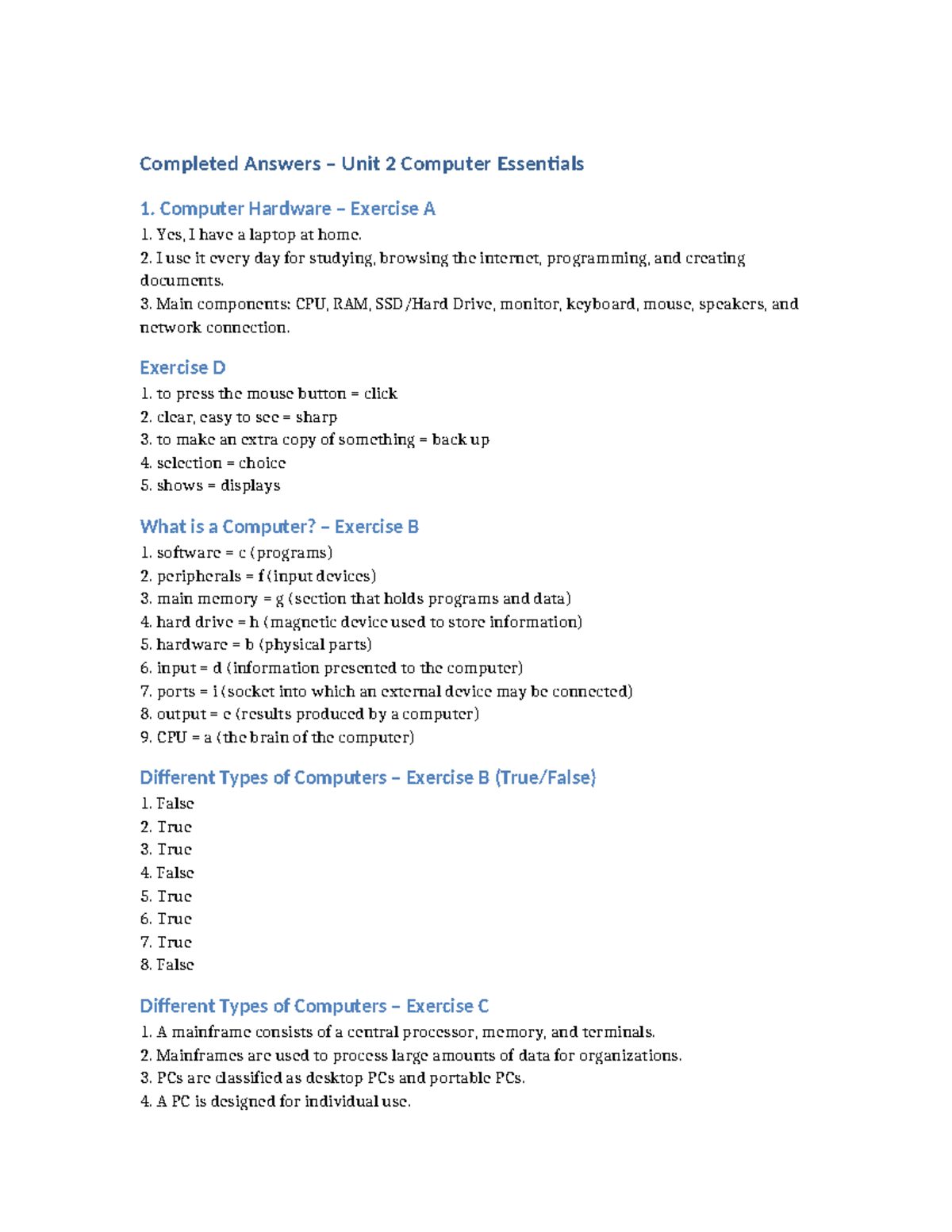 Computer Essentials 1: Unit 2 Completed Answers and Exercises - Studocu