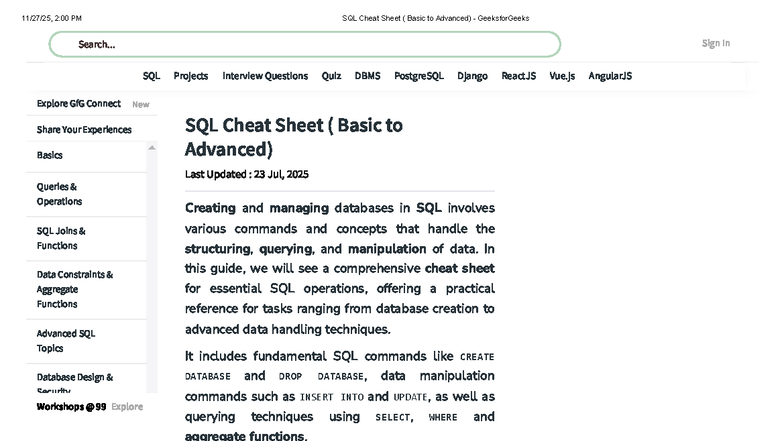 SQL Cheat Sheet (Basic to Advanced) - 2:00 PM Guide - Studocu