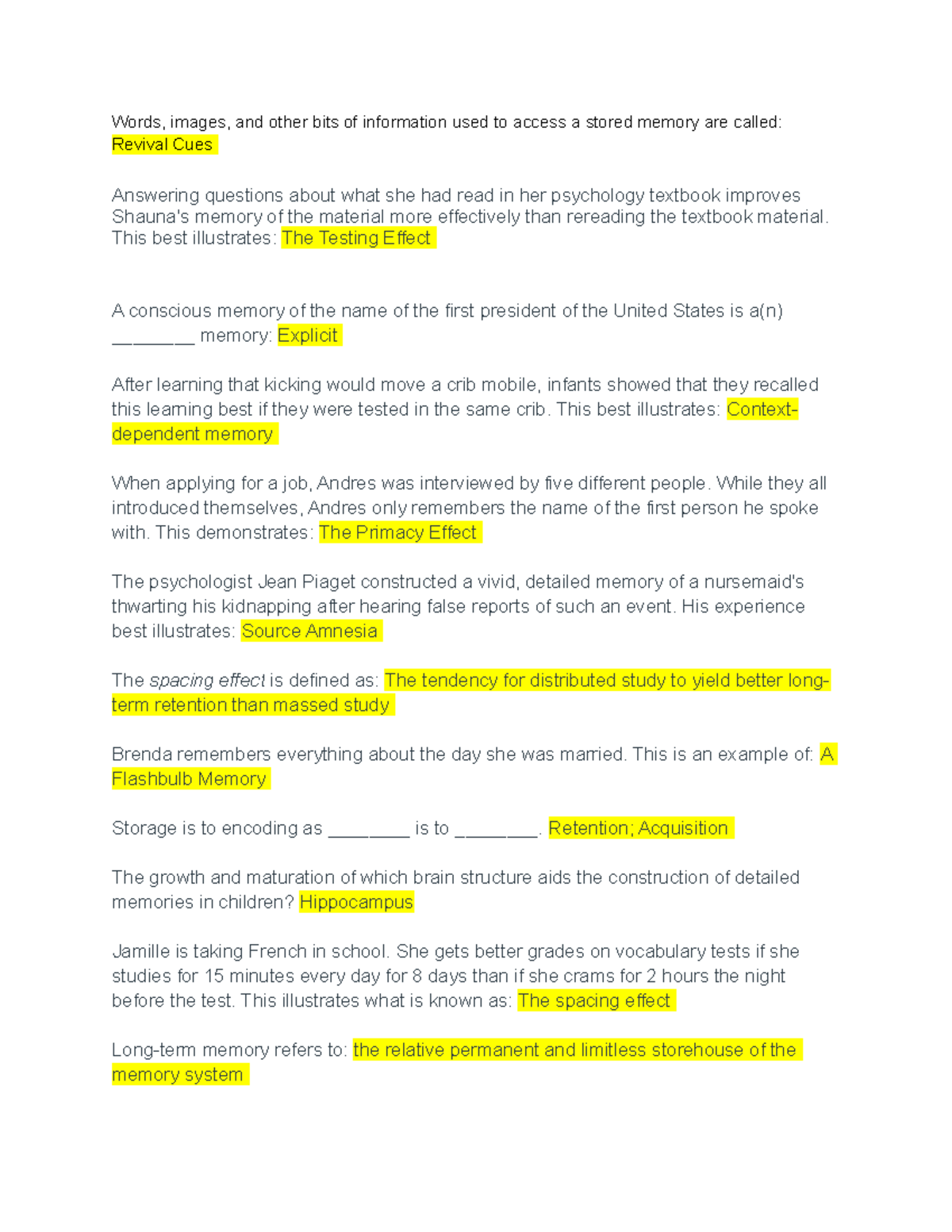 Psychology 101 Chapter 8 Practice Quiz: Memory Concepts and Effects ...