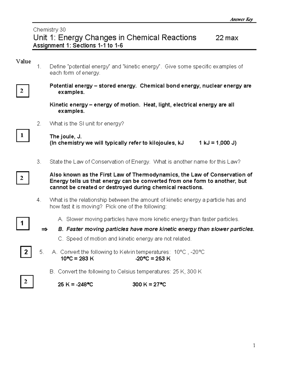 Chemistry 30 Assignment 1: Energy Changes in Reactions Answer Key - Studocu