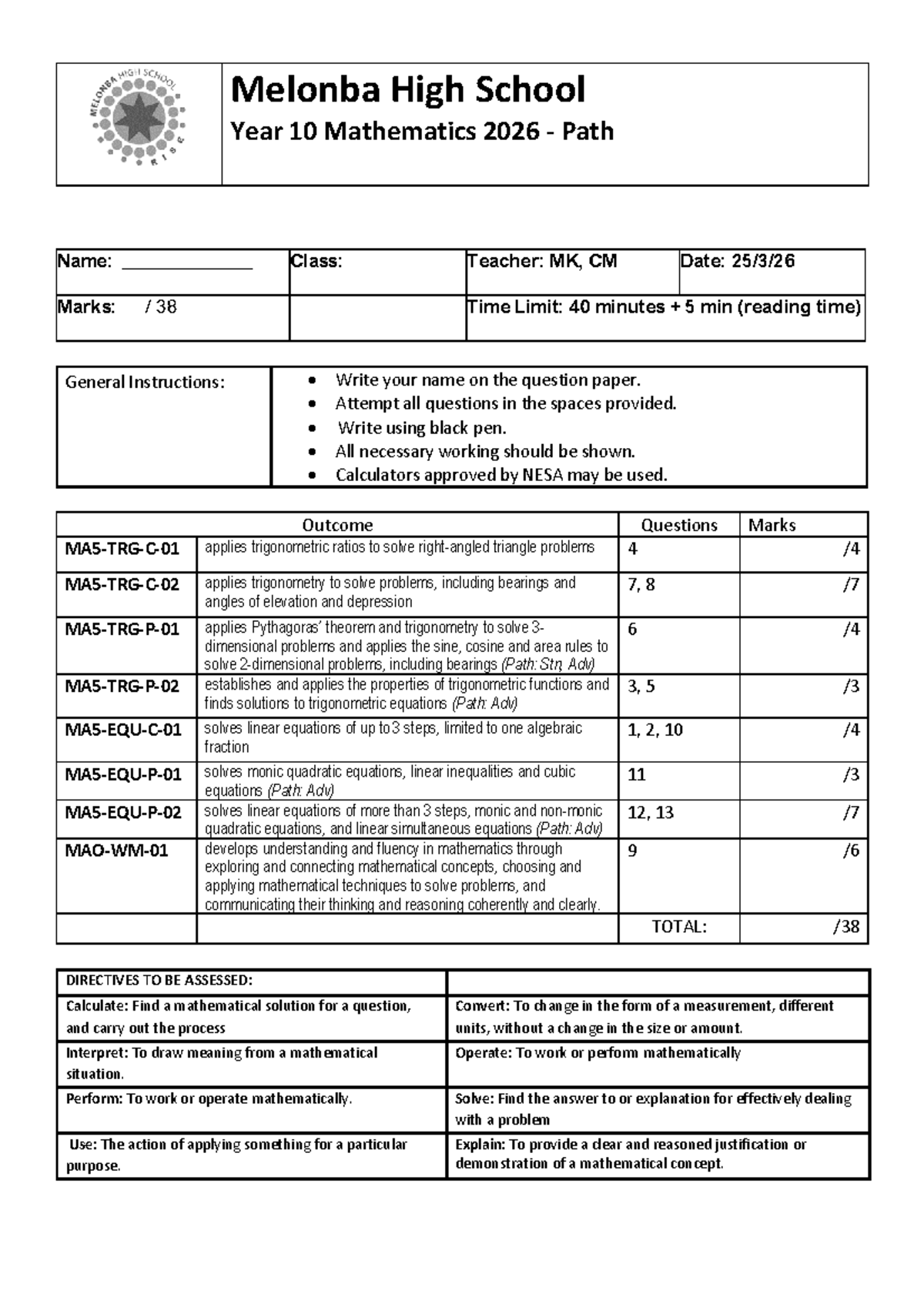 2026 MHS Year 10 Mathematics Assessment Task 1: Trigonometry ...