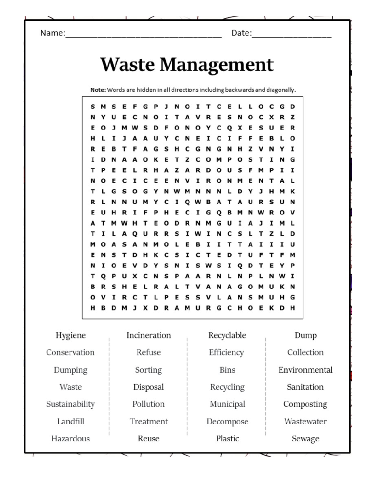 Waste management - FOR FILING - Name: Date: Waste Management Note ...