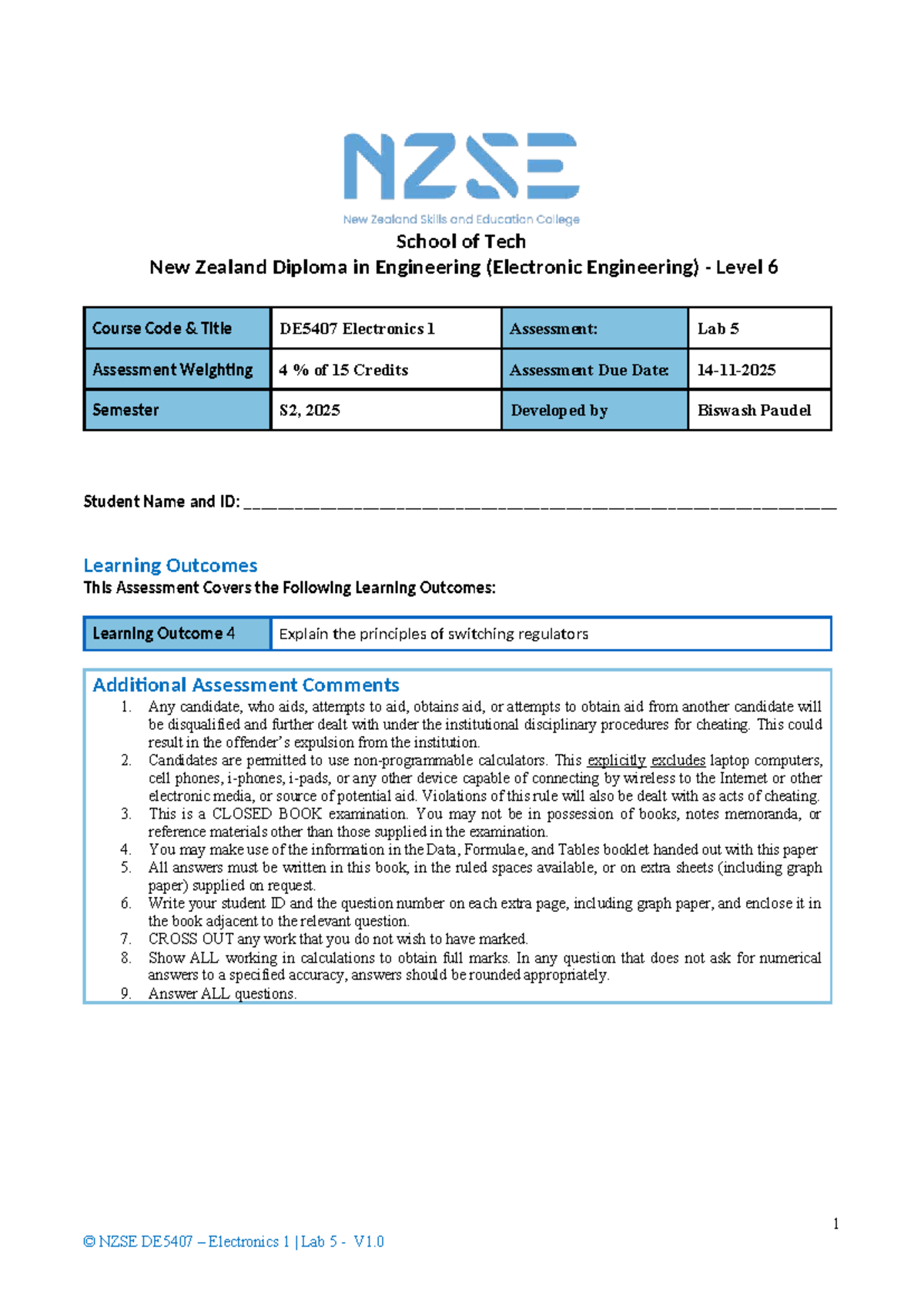 DE5407 Electronics 1 Lab 5 Assessment - V1.0 - Studocu