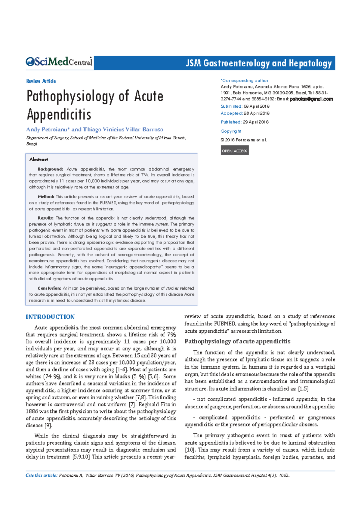 Pathophysiology of Acute Appendicitis: Insights and Implications (JSM 4 ...