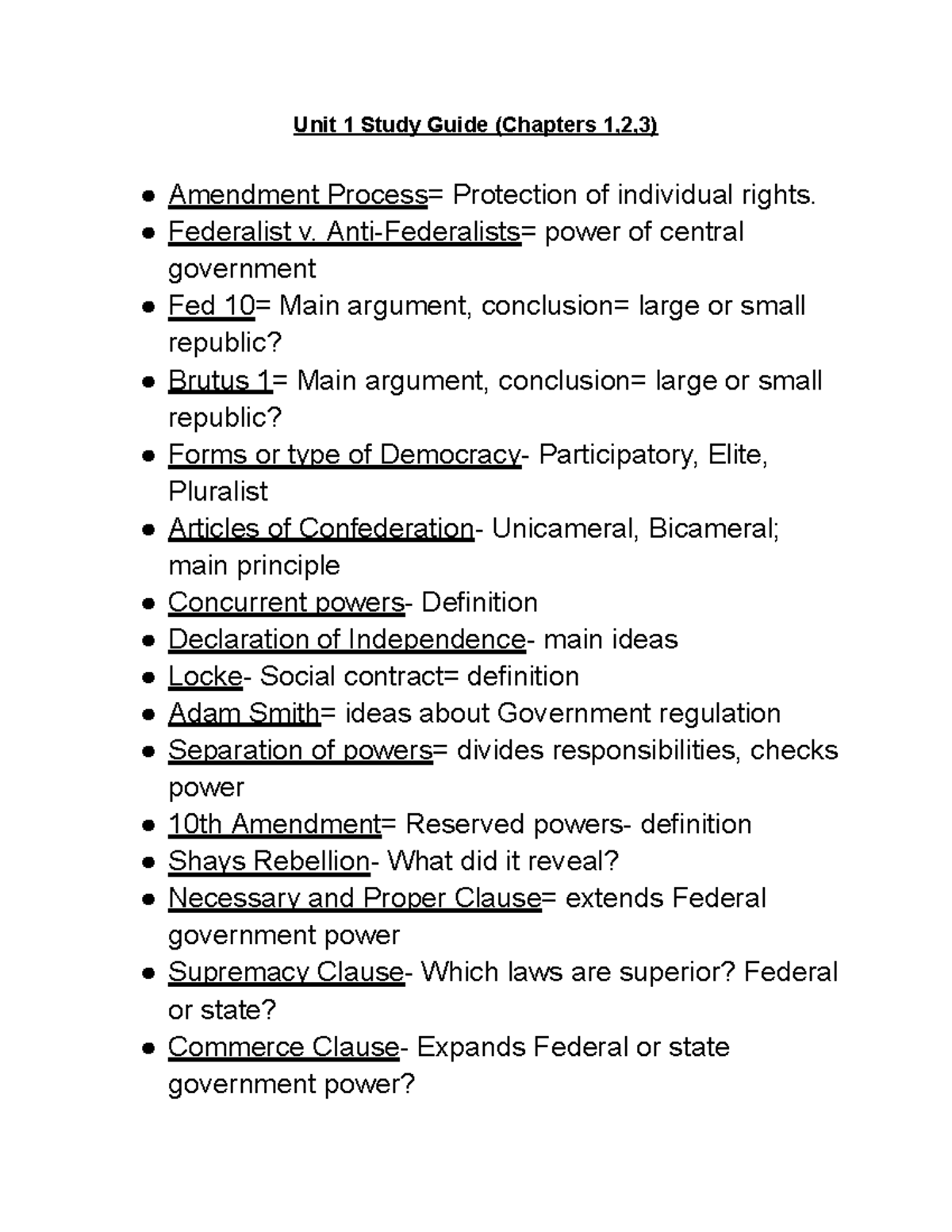 Unit 1 Study Guide: Key Concepts on Federalism & Rights - Studocu
