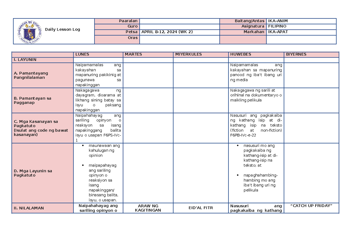 GR 6 DLL - Filipino Daily Lesson Log for Week 2, April 2024 - Studocu