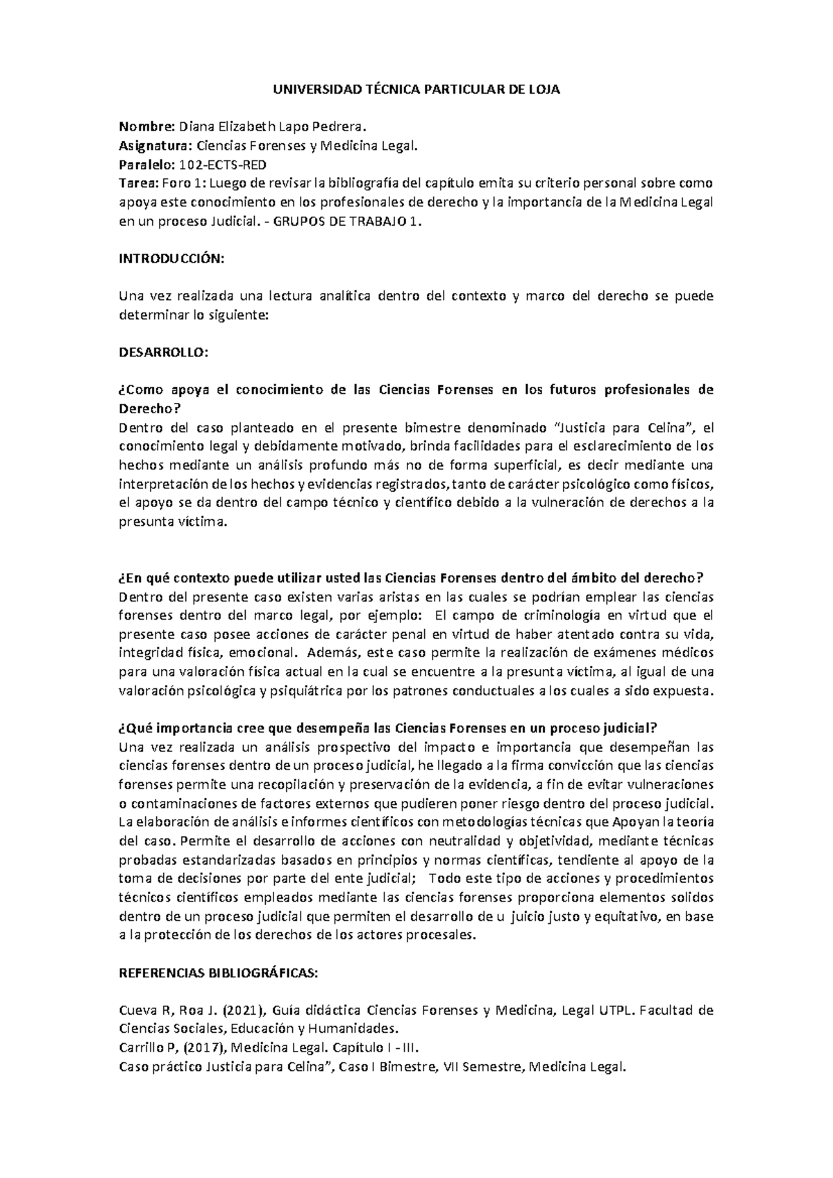 FORO 1 Diana LAPO Ciencias Forences - UNIVERSIDAD TÉCNICA PARTICULAR DE ...