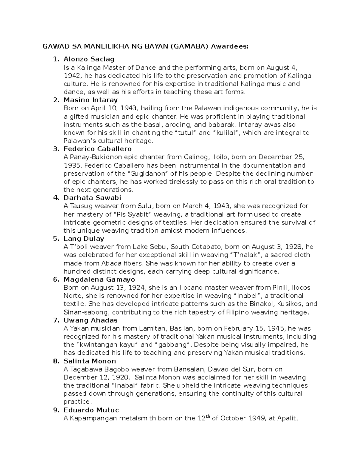 Gamaba- Awardees - The following presents the list of different chosen ...
