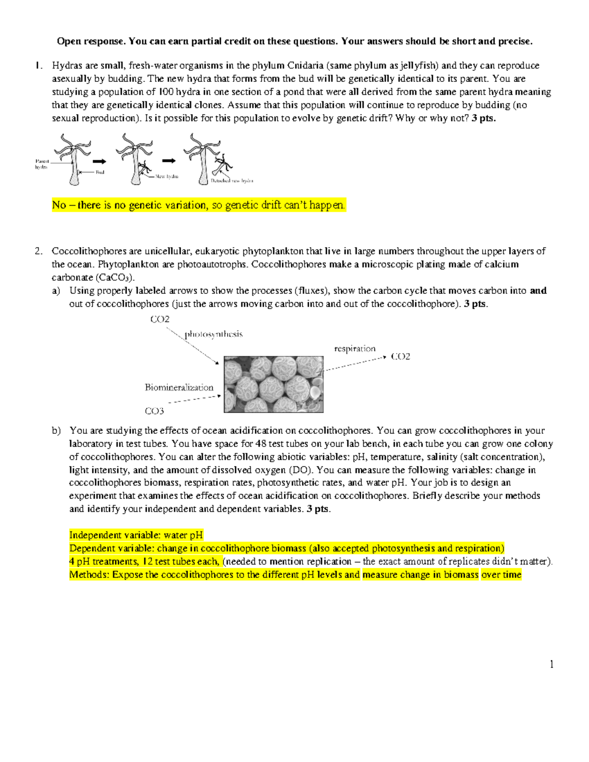 2020 Open response Answer KEY - 1 Open response. You can earn partial ...