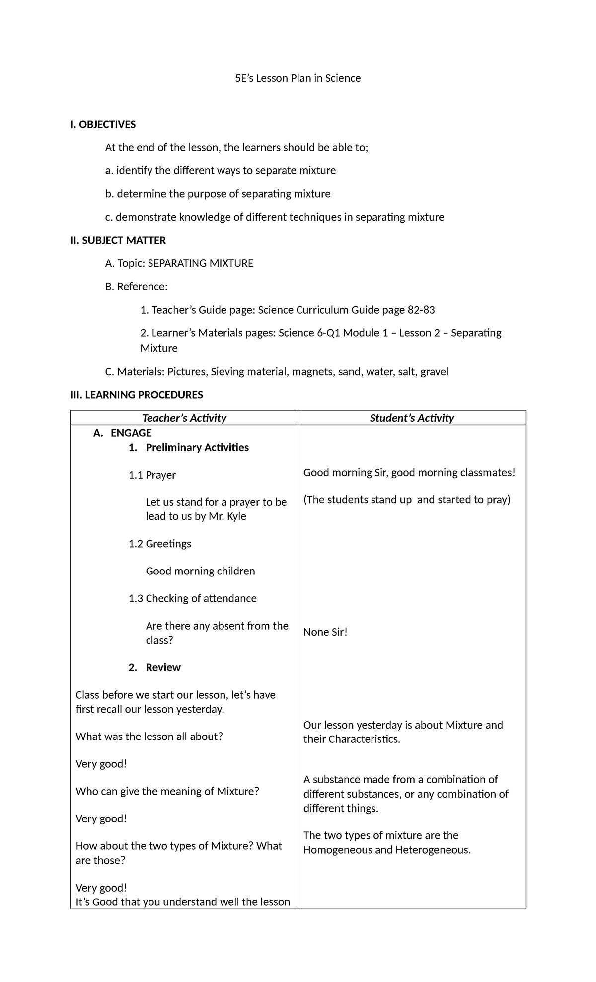 5E's Lesson Plan: Separating Mixtures in Science 6-Q1 - Studocu