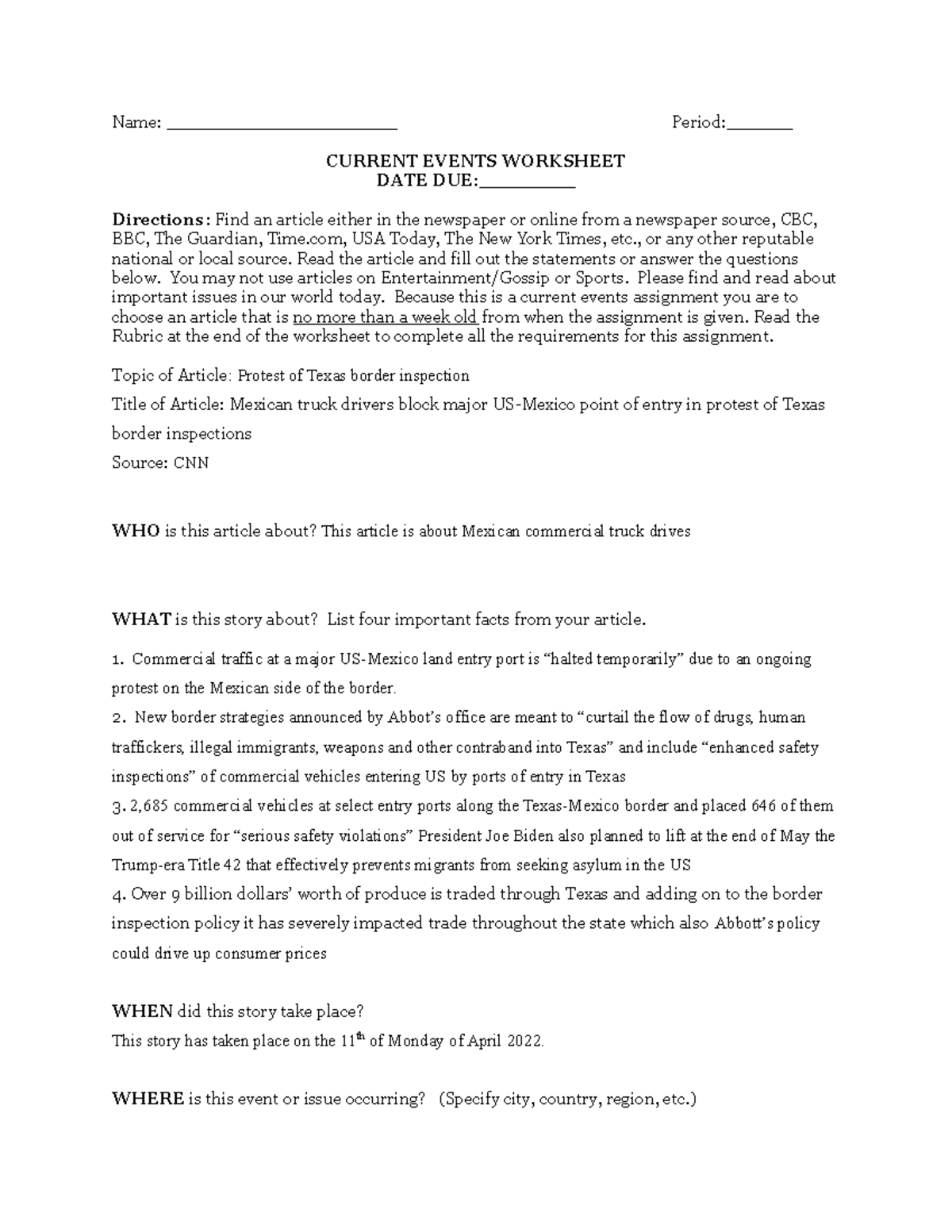 Current Events Worksheet: Protest of Texas Border Inspections - Studocu