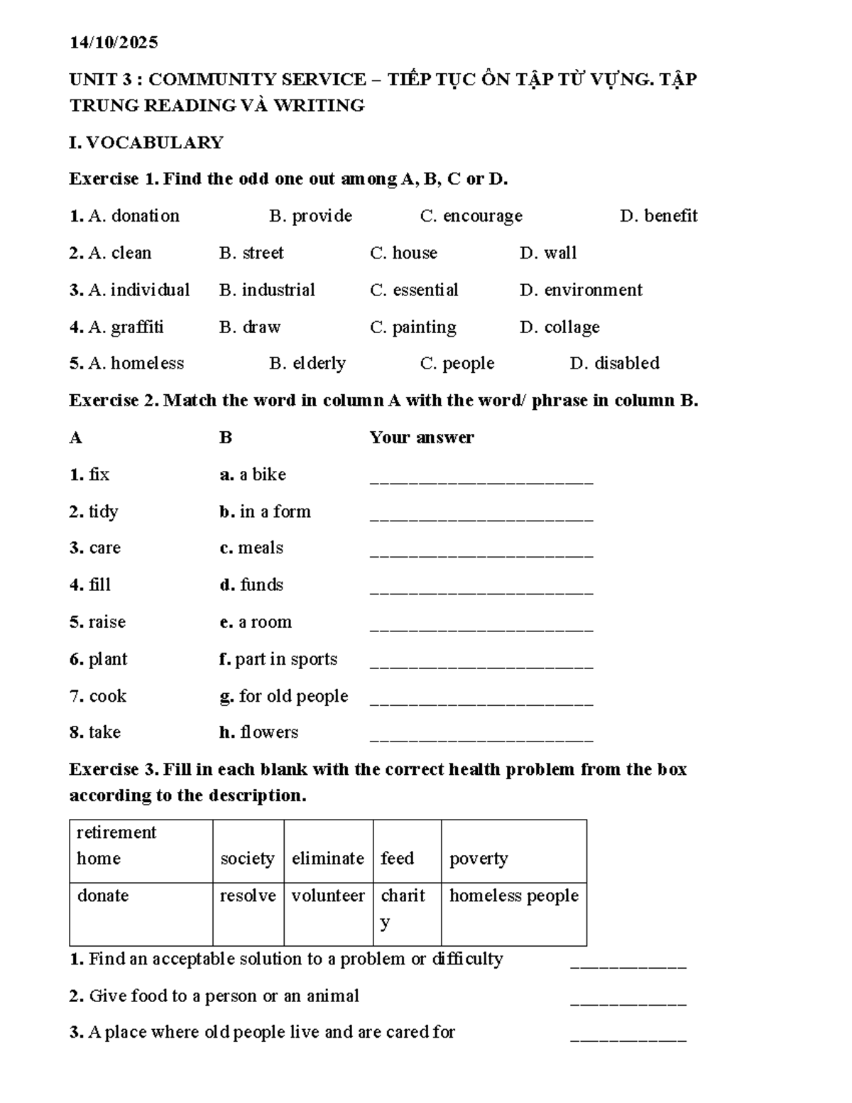 Unit 3: Community Service Vocabulary & Exercises - English 7 - Studocu
