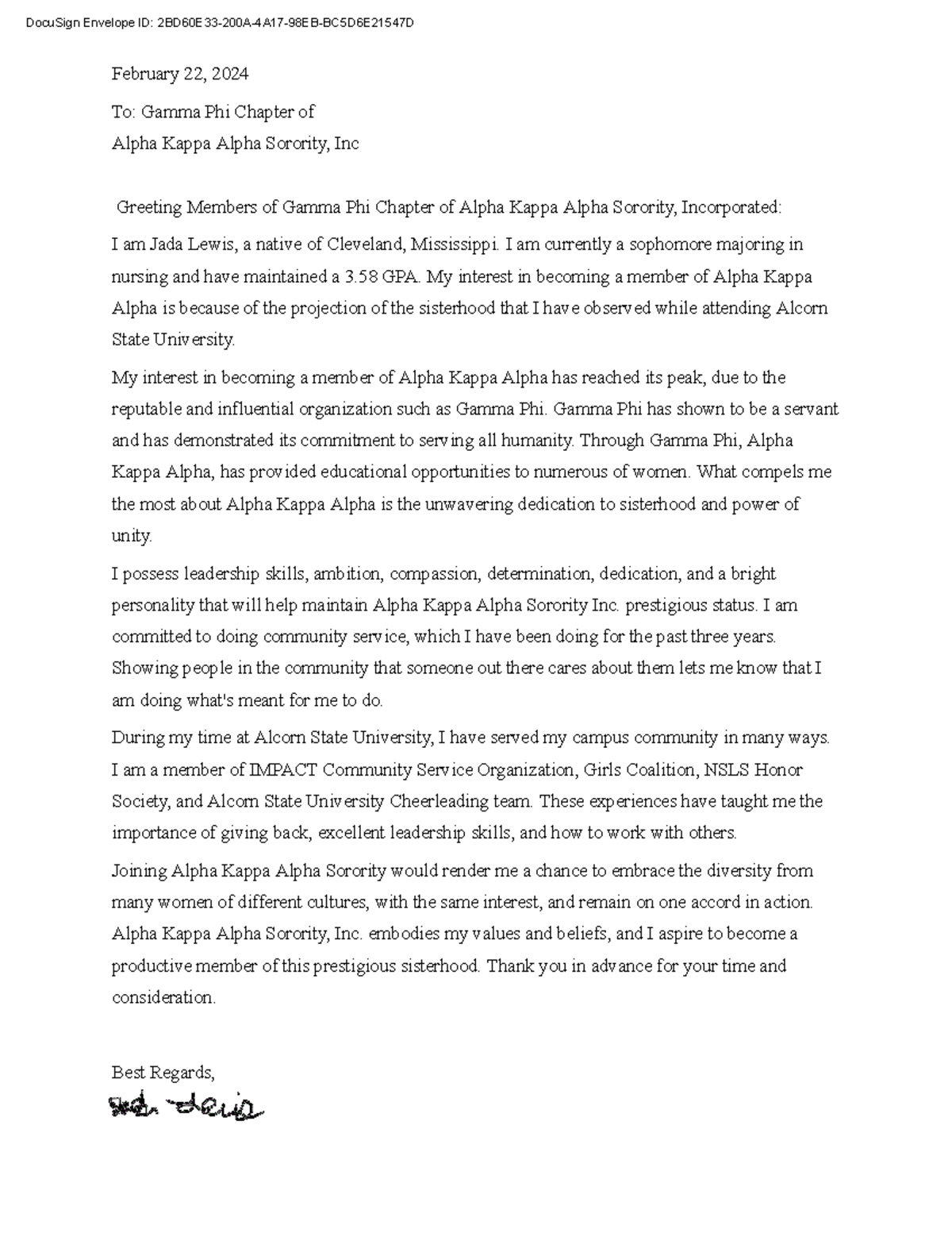 Interest Letter for Membership in Alpha Kappa Alpha Sorority, Inc ...