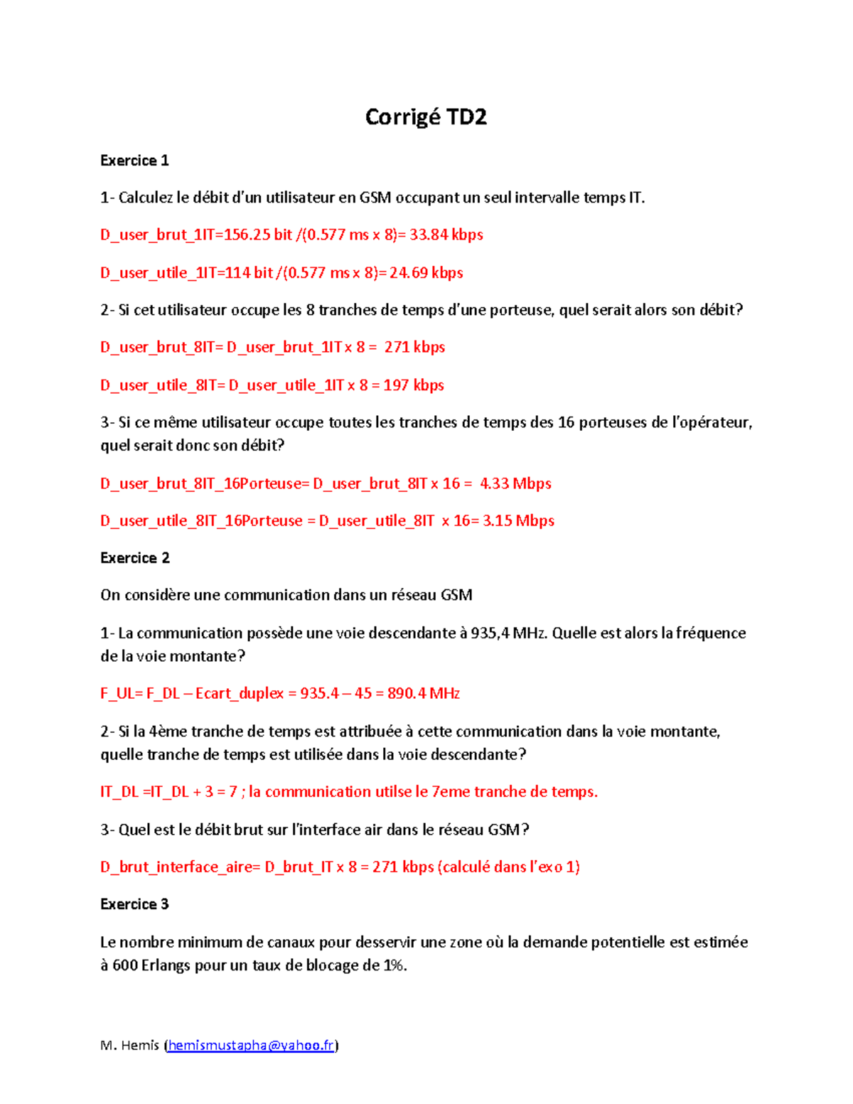 Corrigé TD2: Débits et Canaux en Réseau GSM - Studocu