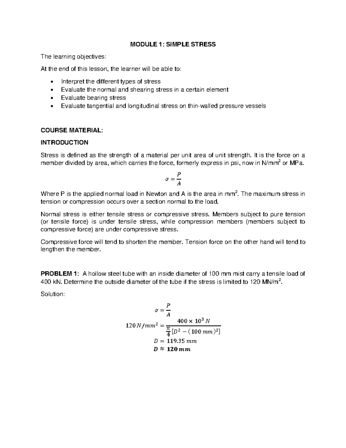 Module 1 Simple Stress - MODULE 1: SIMPLE STRESS The learning ...