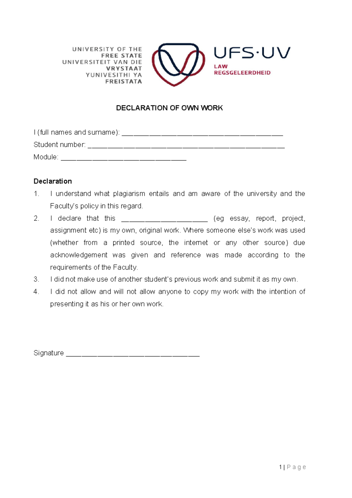 Declaration of Own Work - Plagiarism Awareness Statement - Studocu