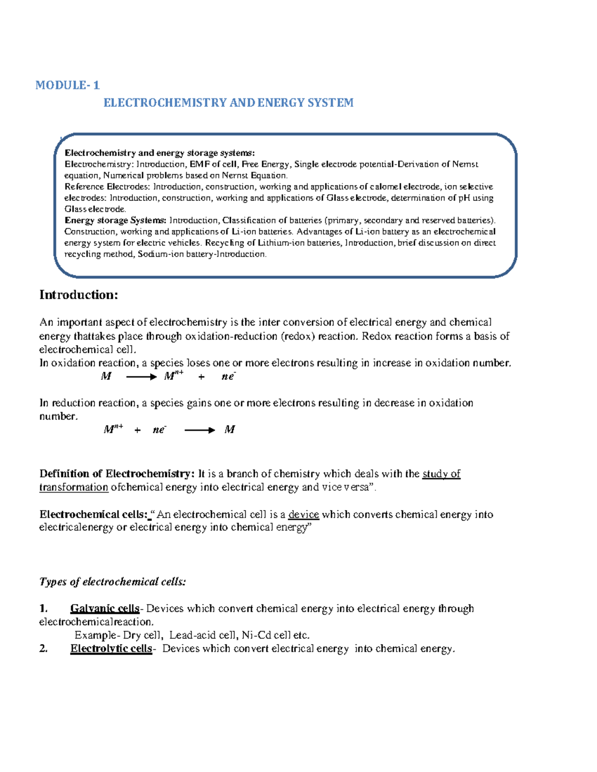 Engineering Chemistry Notes (Module 1: Electrochemistry & Battery Tech ...