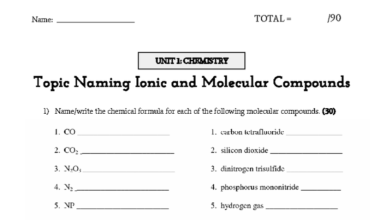SCIENCE 10: UNIT 1 - Naming Ionic & Molecular Compounds - Studocu