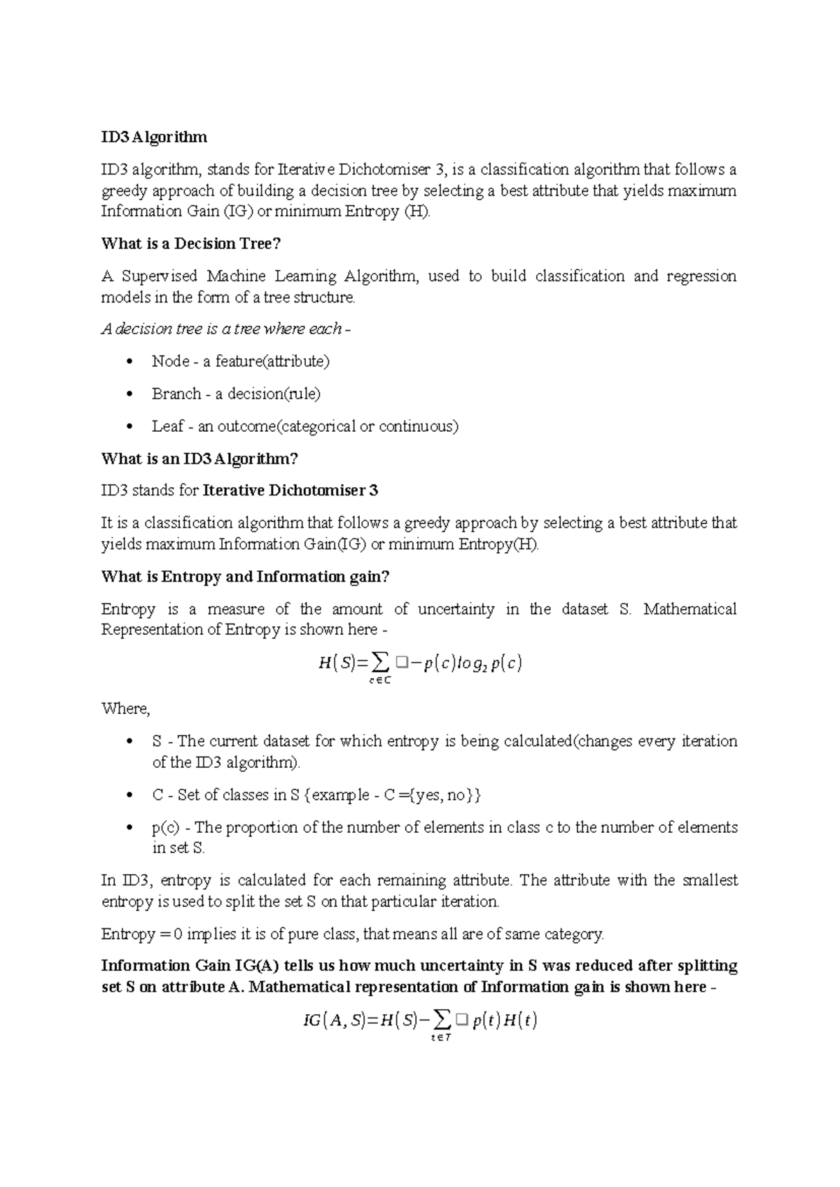 ID3 Algorithm: Comprehensive Notes on Decision Trees and Information ...