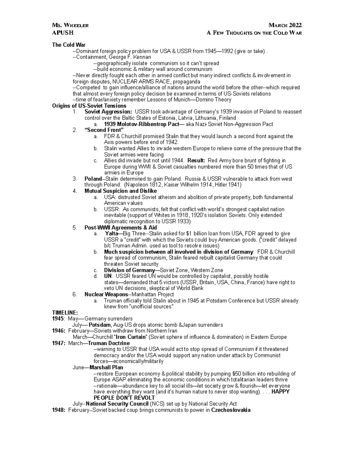 The Cold War - Notes - MS. WHEELER MARCH 2022 APUSH A FEW THOUGHTS ON ...