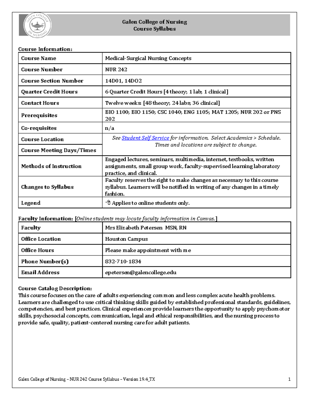 NUR 242 Medical-Surgical Nursing Concepts Course Syllabus & Outline ...