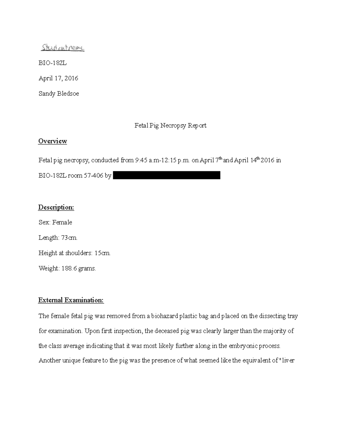 BIO-182L Fetal Pig Necropsy Report: Observations & Findings - Studocu
