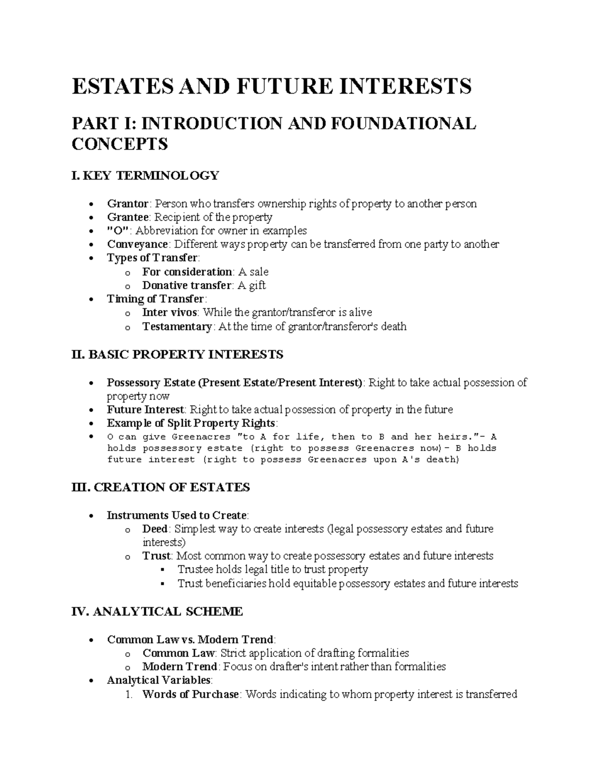 EST 101: Estates & Future Interests - Key Concepts & Analysis Outline ...