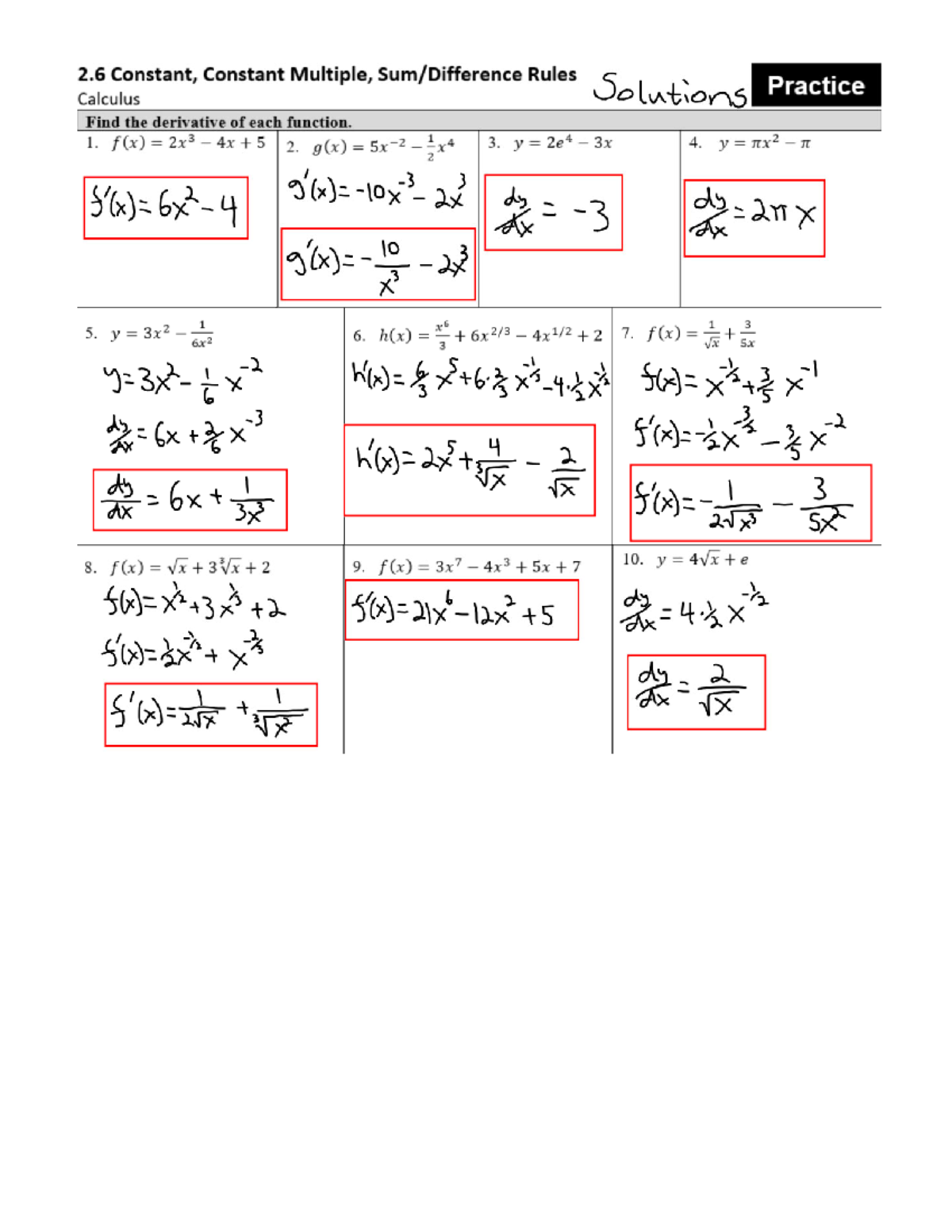 Calc 2.6 Derivative & Tangent Line Solutions for Practice Problems ...