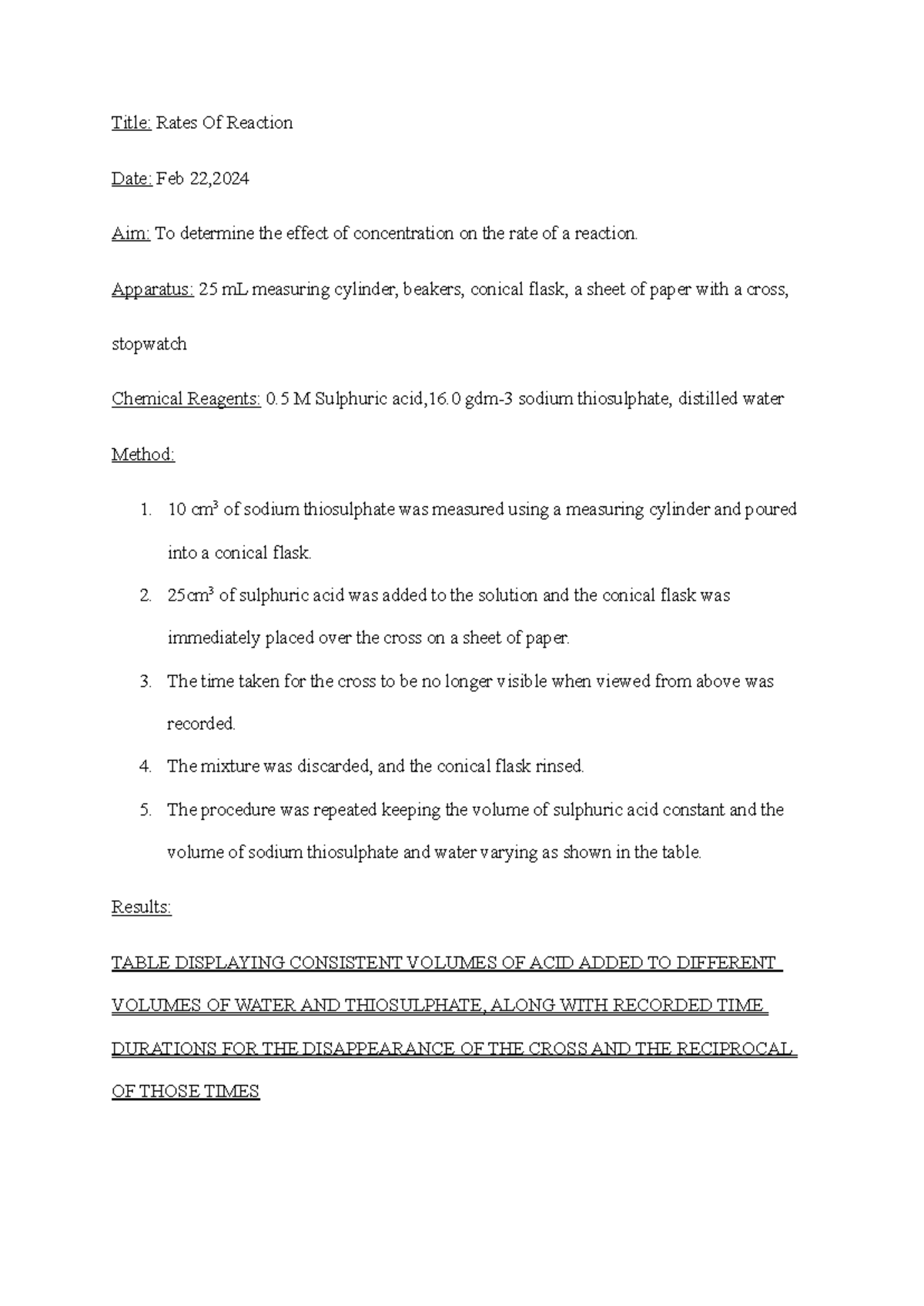 Rates of Reaction Lab Report: Effect of Concentration on Reaction Rate ...