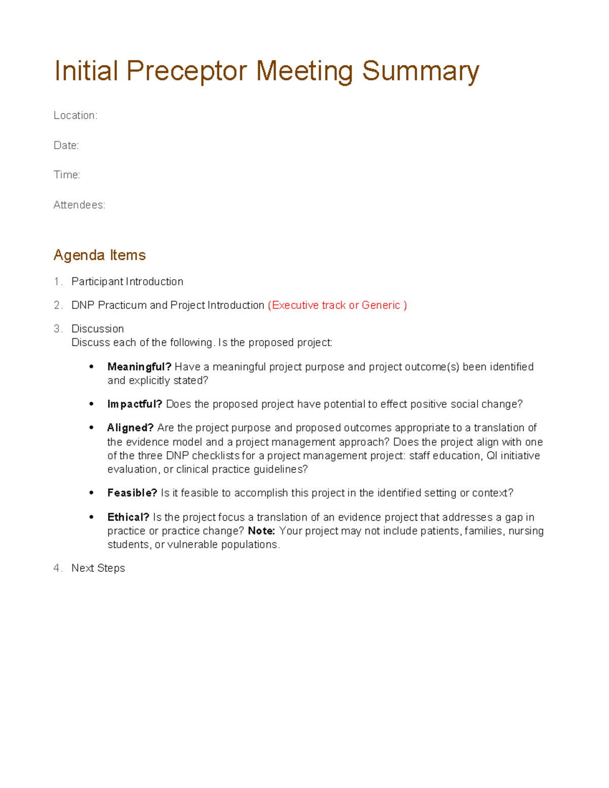 NURS 8312 Initial Preceptor Meeting Summary & Project Discussion - Studocu