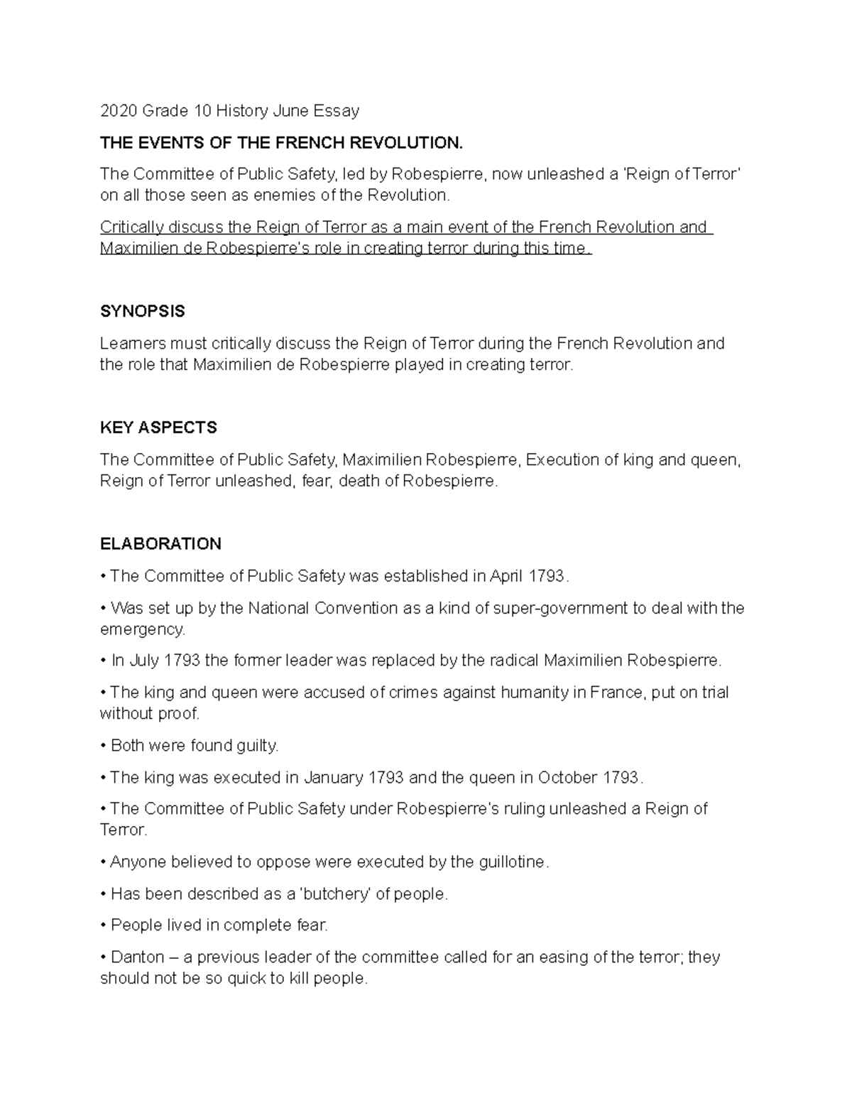 French Revolution 2020 June Grade 10 Essay: Reign of Terror Analysis ...