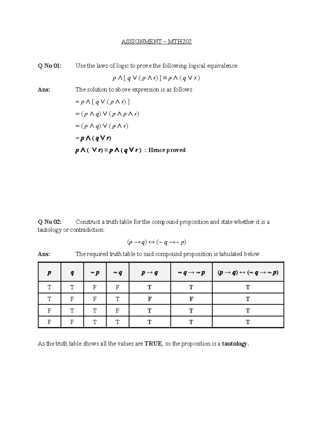 MTH202 - Logic and Boolean Algebra Assignment Solutions - Studocu