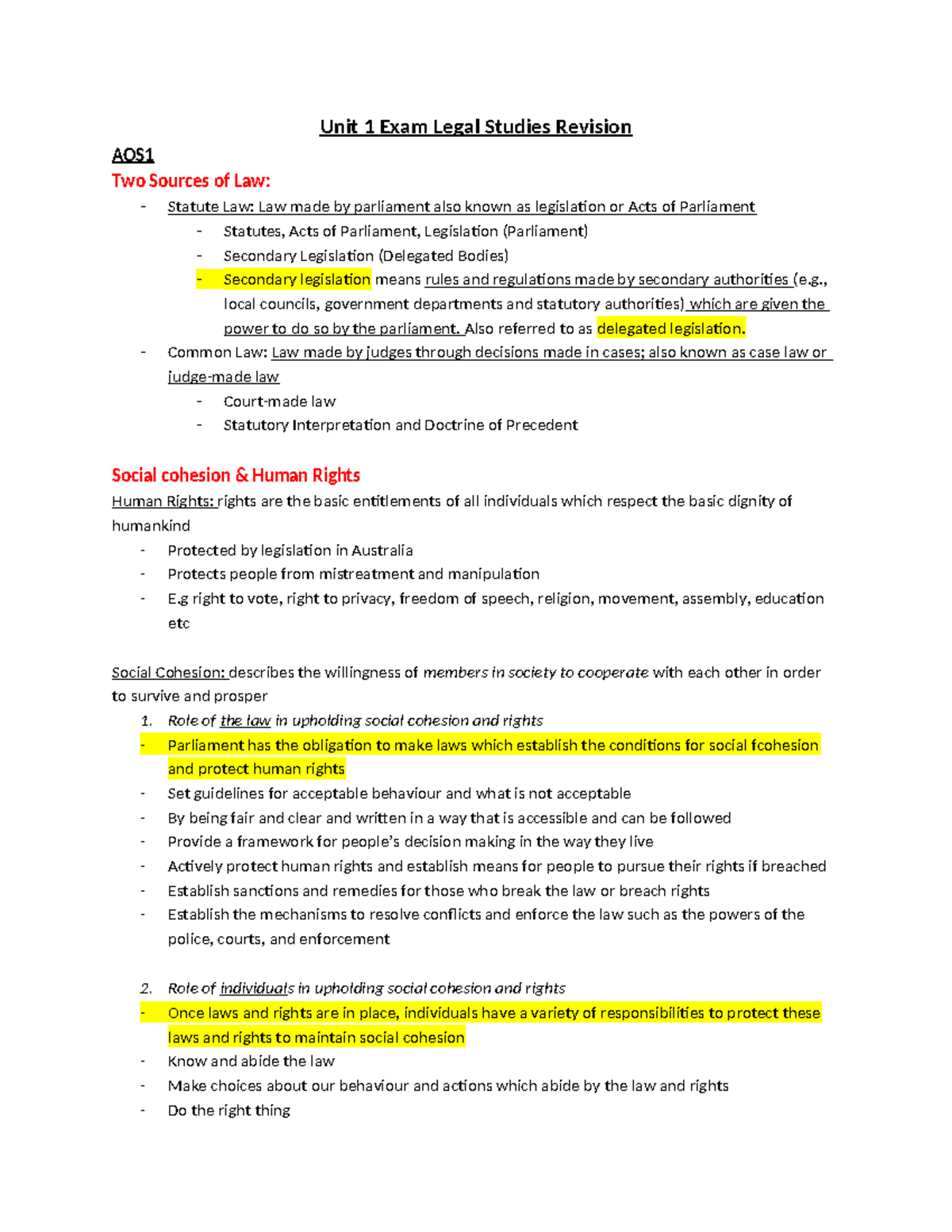 Legal Studies Unit 1 Exam Revision Guide for AOS and Key Concepts - Studocu