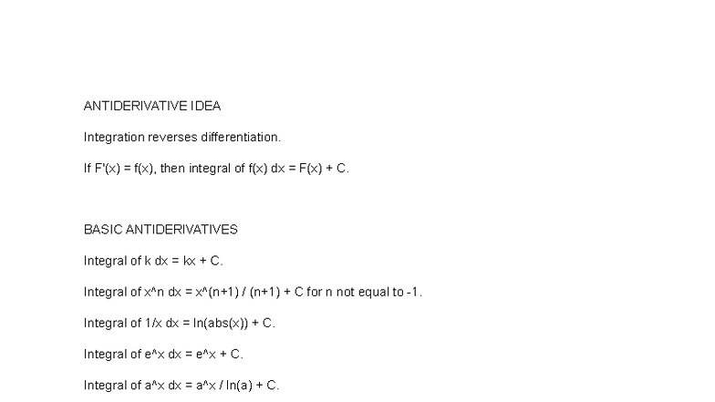 ANTIDERIVATIVES & INTEGRATION PRACTICE - MATH 101 - Studocu