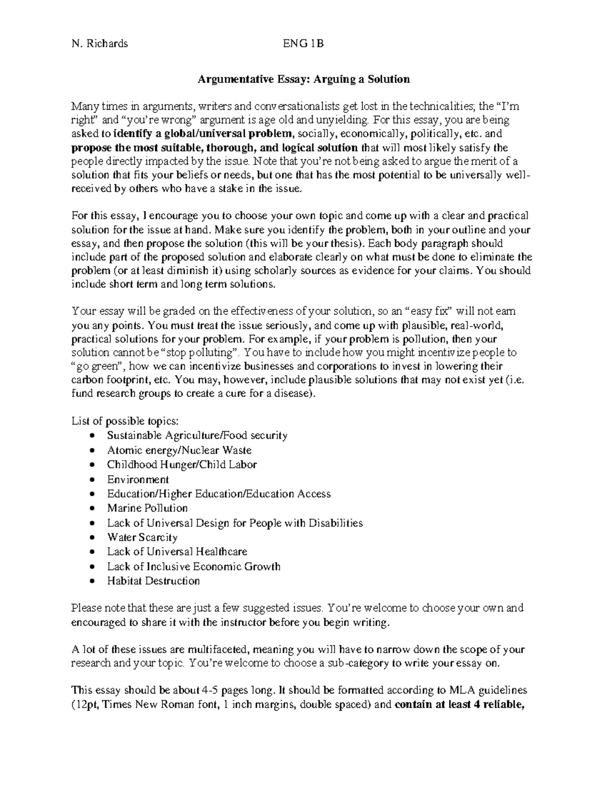 ENG 1B Argumentative Essay: Proposing Effective Solutions - Studocu