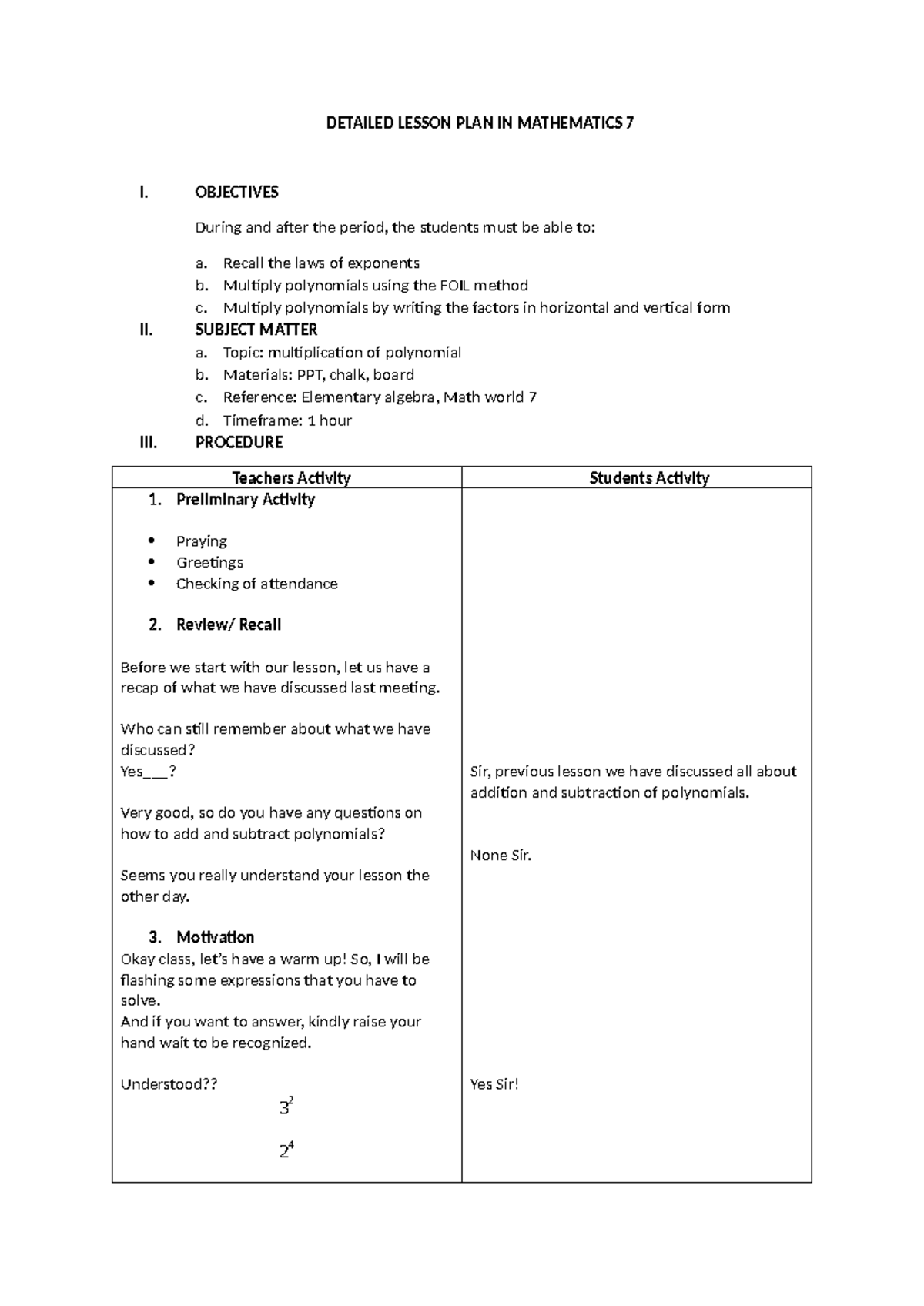 Multiplication of polynomials DLP grade 7 - DETAILED LESSON PLAN IN ...