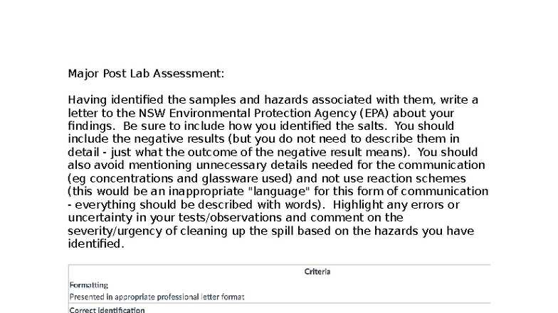 Major Post Lab Assessment: Findings on Sample B and F for NSW EPA - Studocu