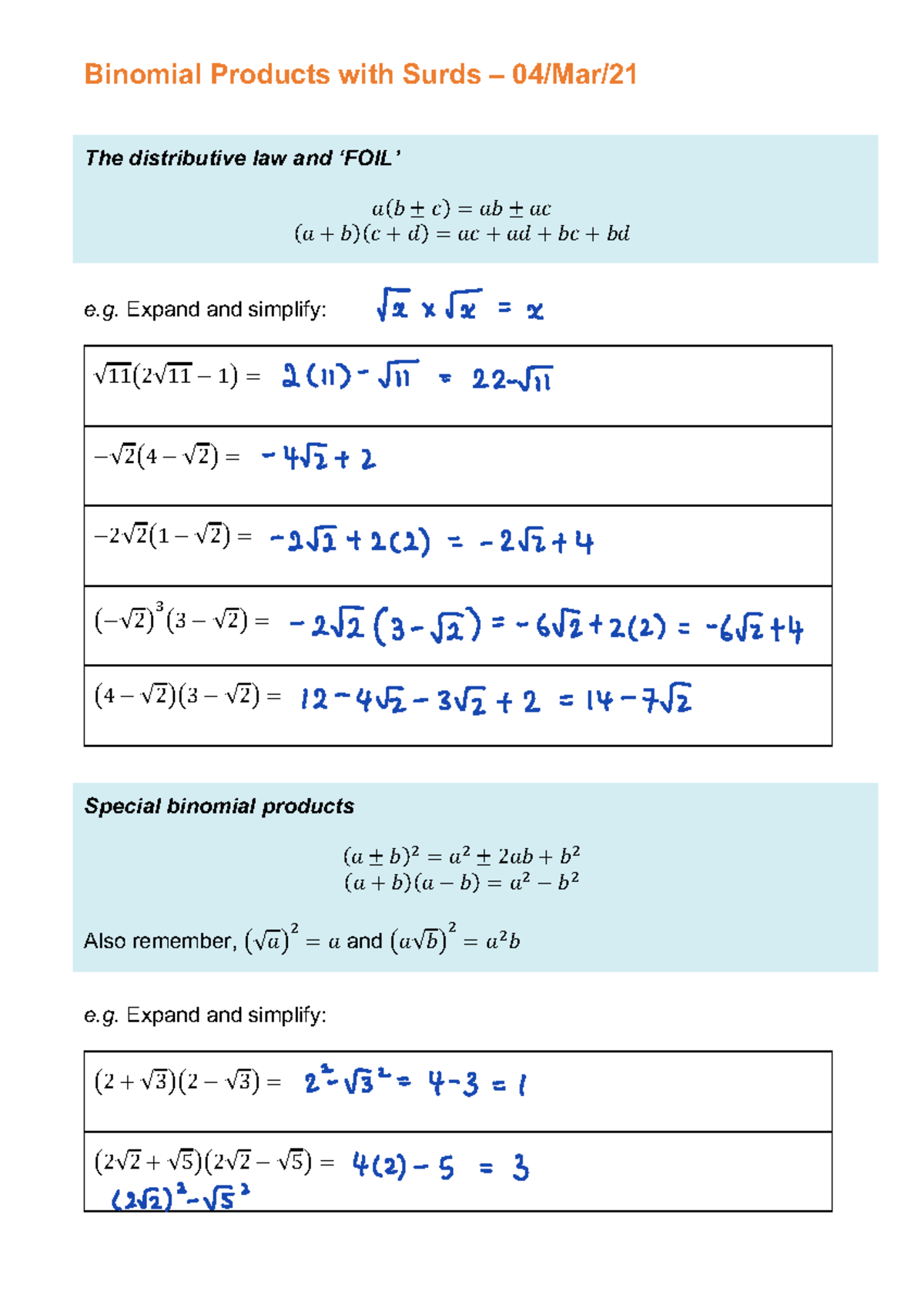 07 - Binomial Products with Surds: Expansions & Exercises - Studocu