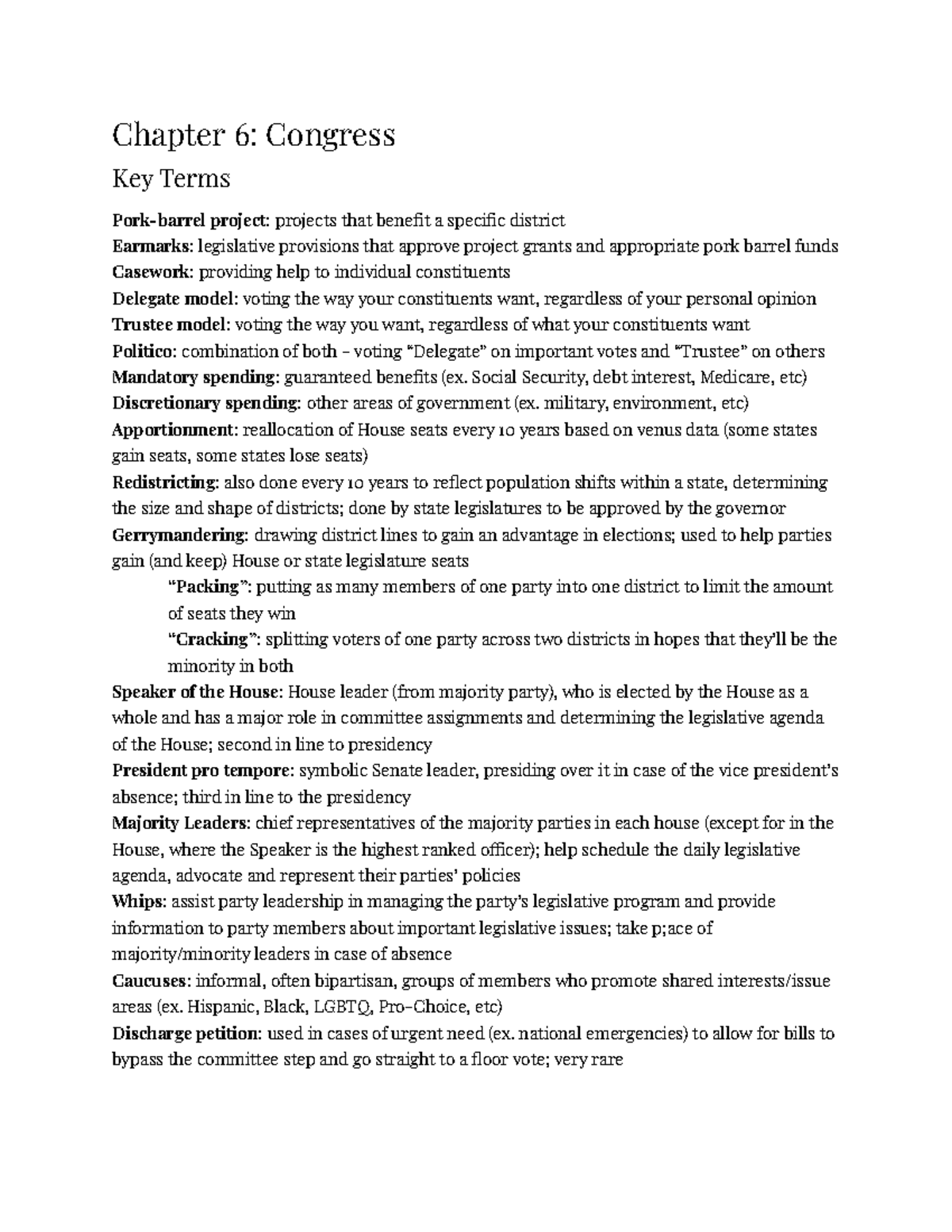 AP Gov Unit 2 Review - Study guide - Chapter 6: Congress Key Terms Pork ...