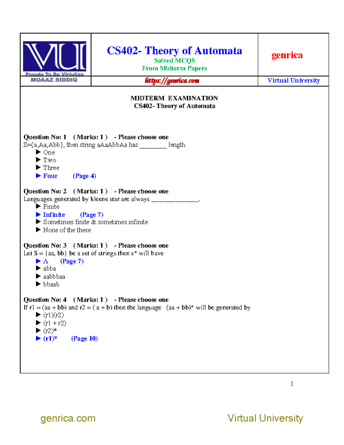 CS402-Midterm Solved MCQs with References on Automata Theory - Studocu