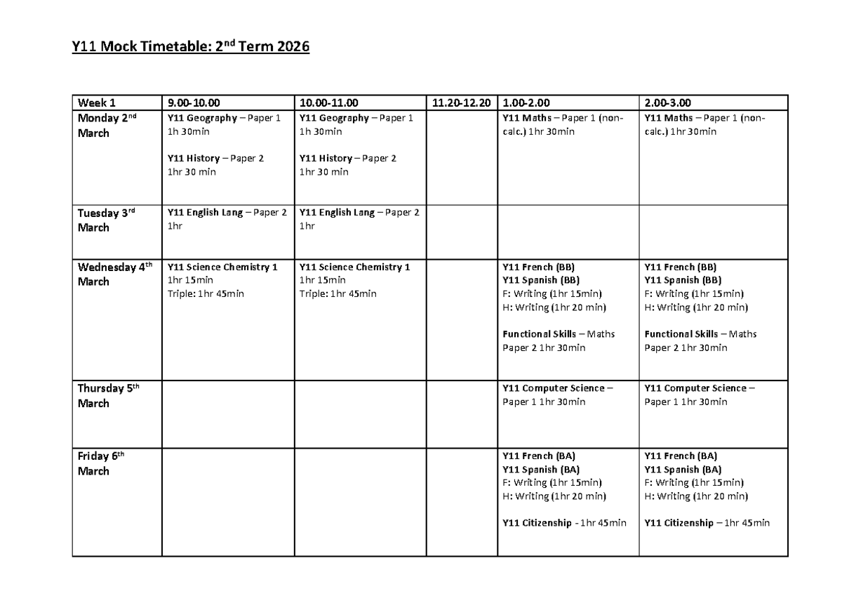 Y11 Mock Timetable: Term 2 March 2026 Week 1 - Studocu