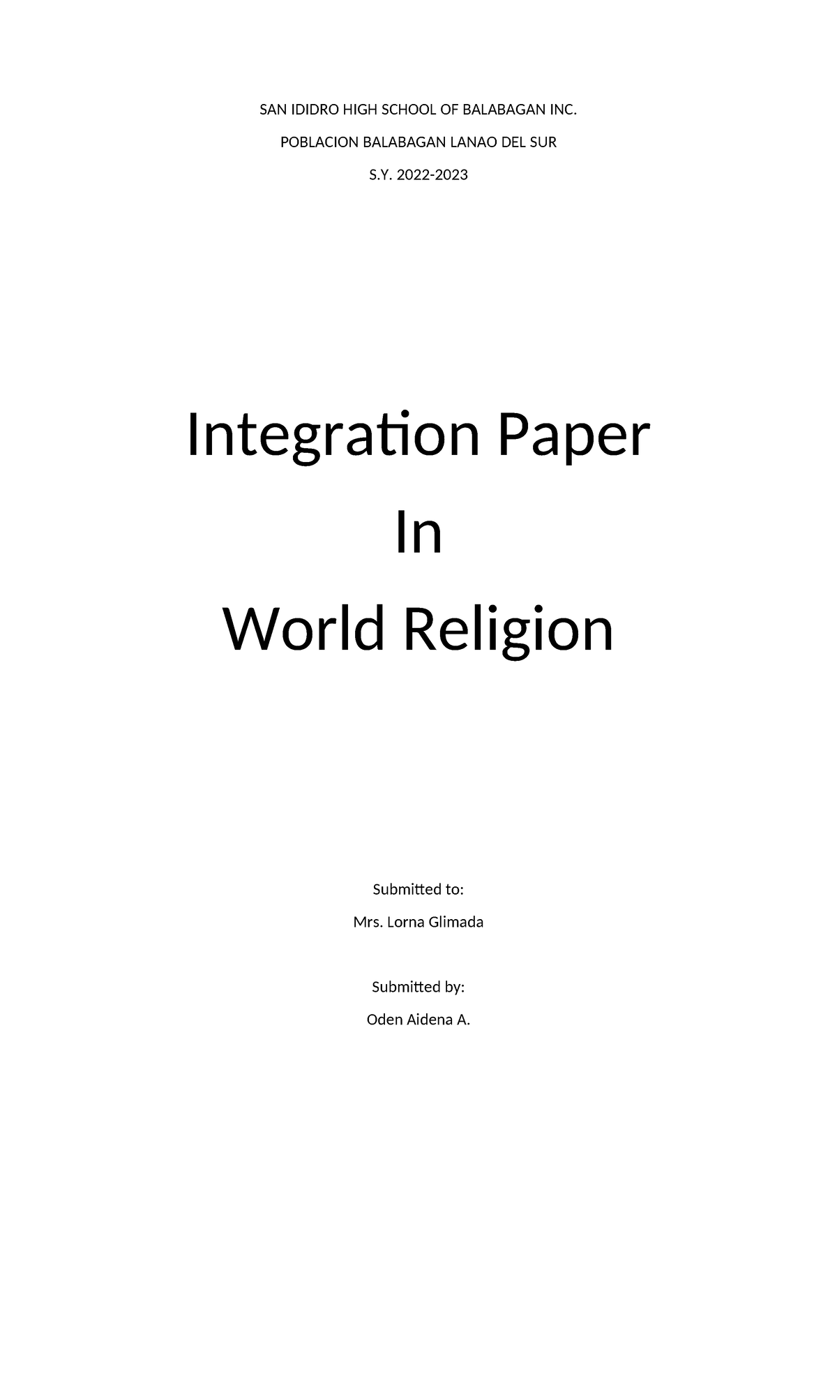 Integration Paper in World Religions (Course Code: IRW 101) - Studocu