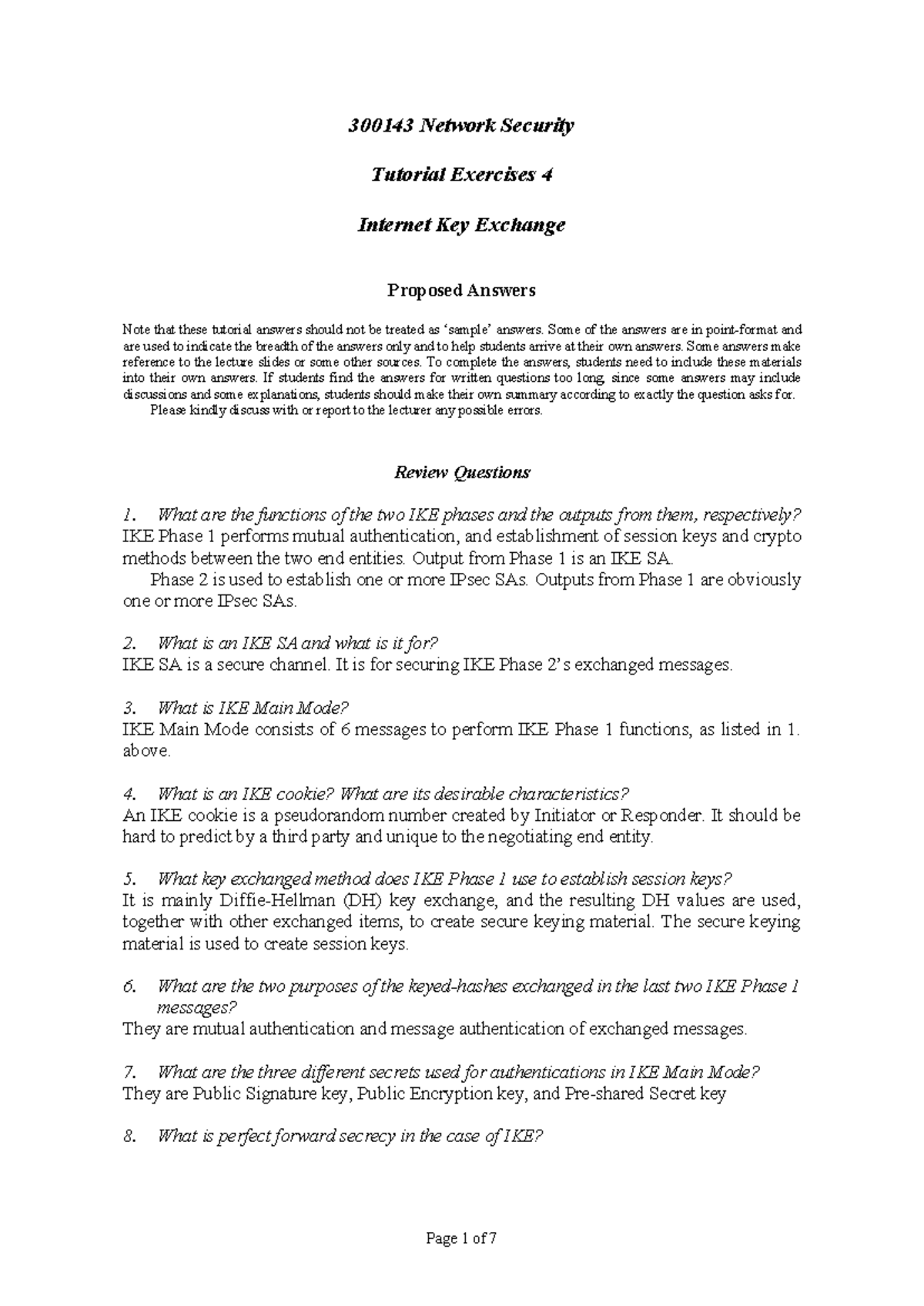 NS20 Tute Exercises 4 - Answers - 300143 Network Security Tutorial Exercises 4 Internet Key ...