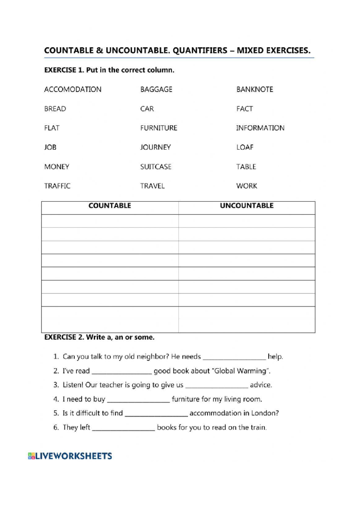 Quantifiers: Countable & Uncountable Mixed Exercises - Studocu